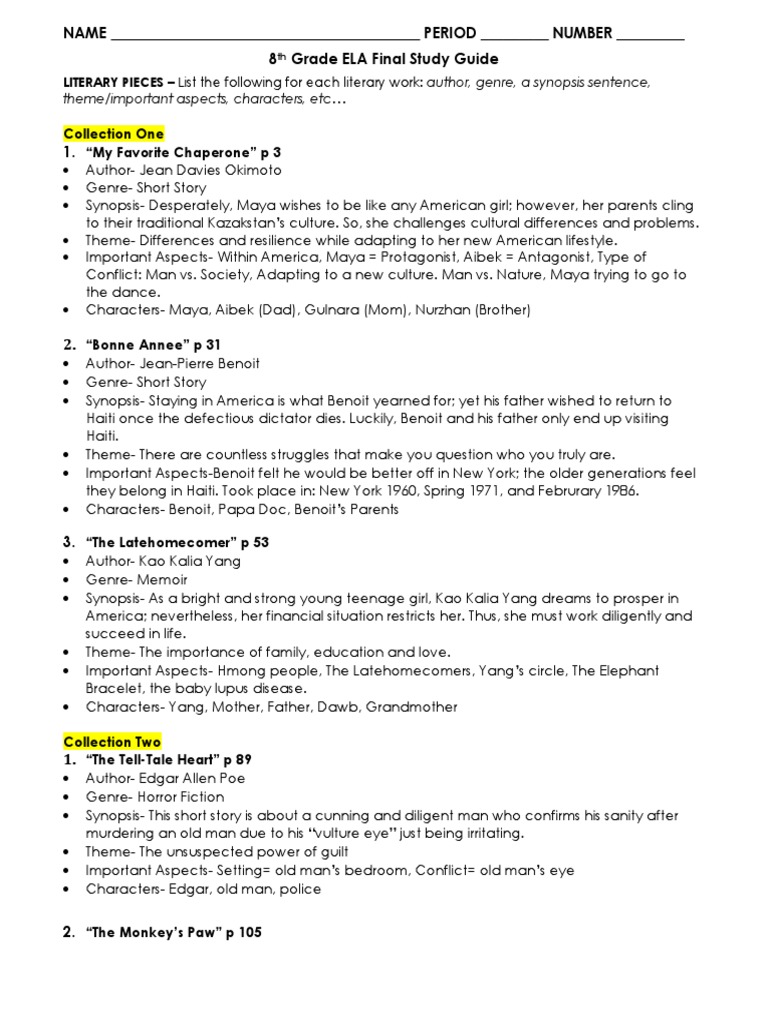 8th Grade ELA Final Study Guide | PDF | Anne Frank
