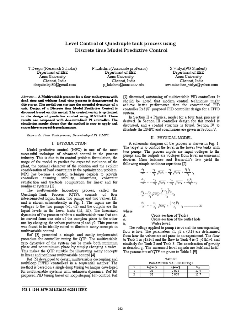 Level Control of Quadruple Tank Process Using Discrete Time Model ...