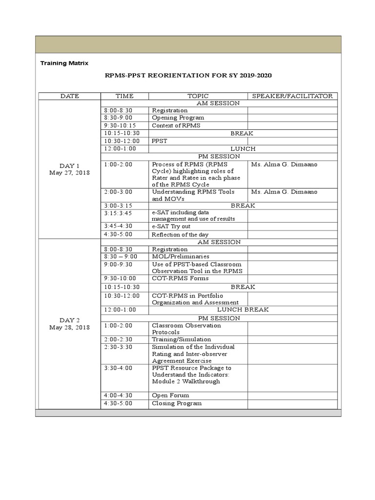 RPMS-PPST Reorientation For Sy 2019-2020: Training Matrix | PDF