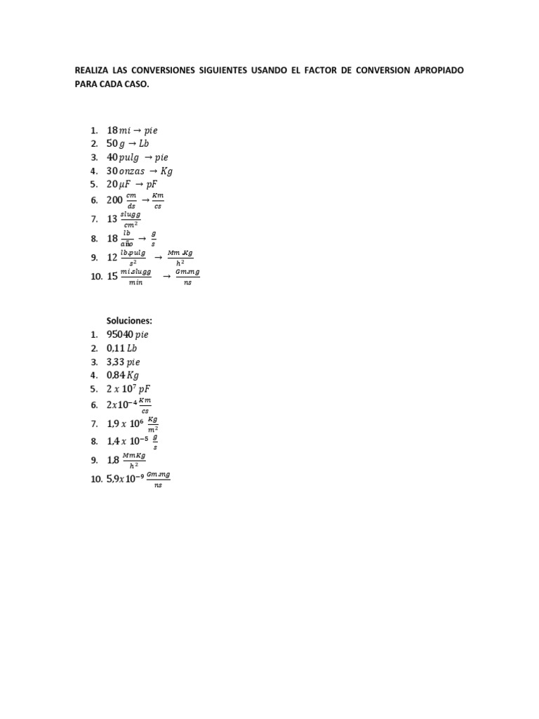 Ejercicios de Conversion de Unidades | PDF