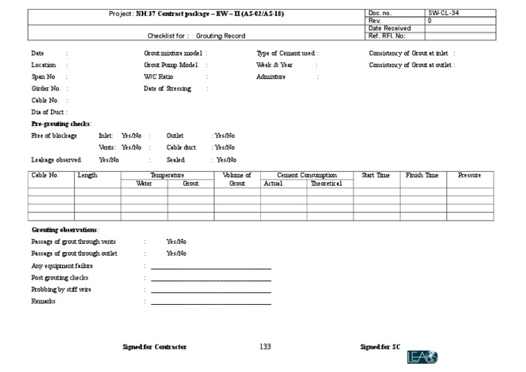 Grouting Record Checklist for PSC Girders | PDF