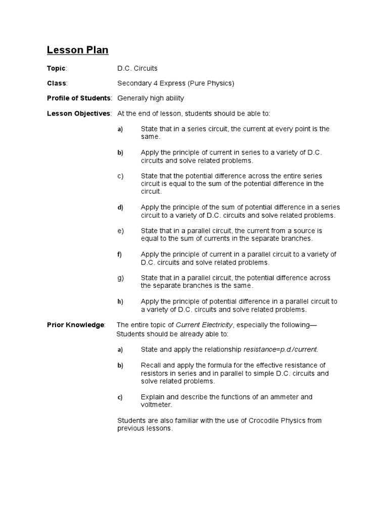 QCP 521 Physics Lesson Plan Lim Pei Lin Olivia | PDF | Series And ...