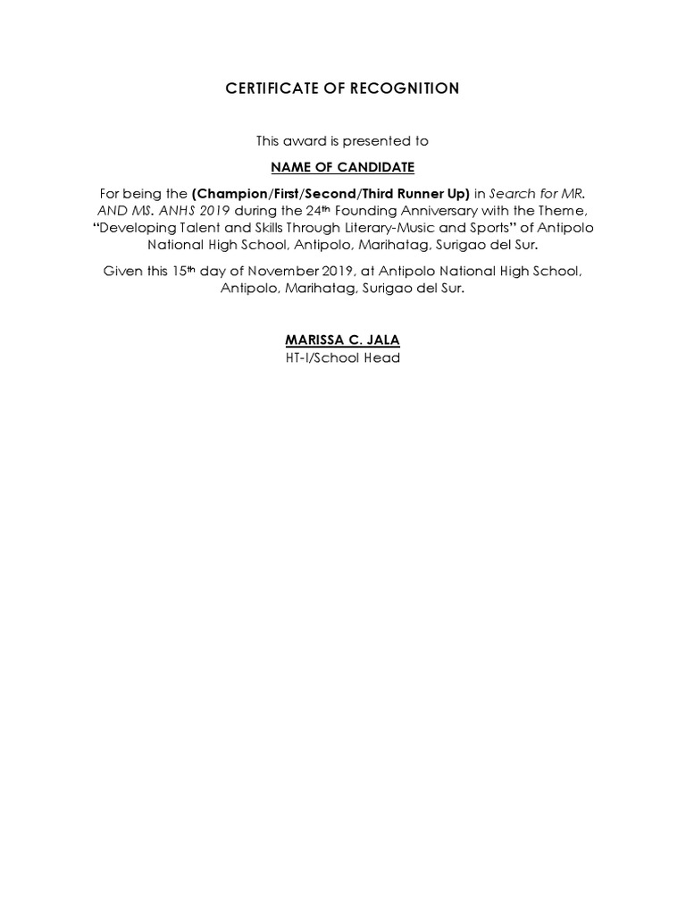 Certificate For Runners Up in Pageant | PDF