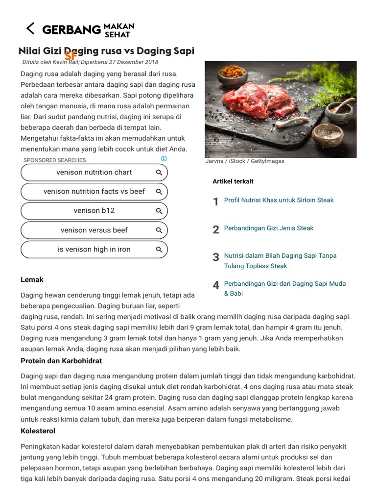 Nilai Gizi Daging Rusa Vs Daging Sapi Makan Sehat Gerbang SF | PDF