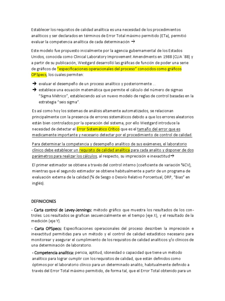 Establecer Los Requisitos de Calidad Analítica Es Una Necesidad de Los ...