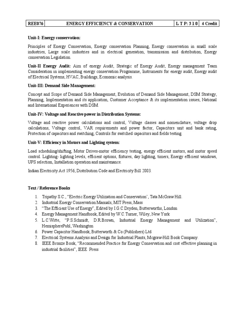 Syllabus - Energy Efficiency and Conservation | PDF