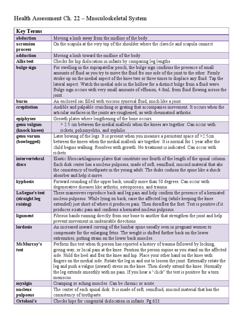 Health Assess - CH 22 Key Terms | PDF | Knee | Carpal Tunnel Syndrome
