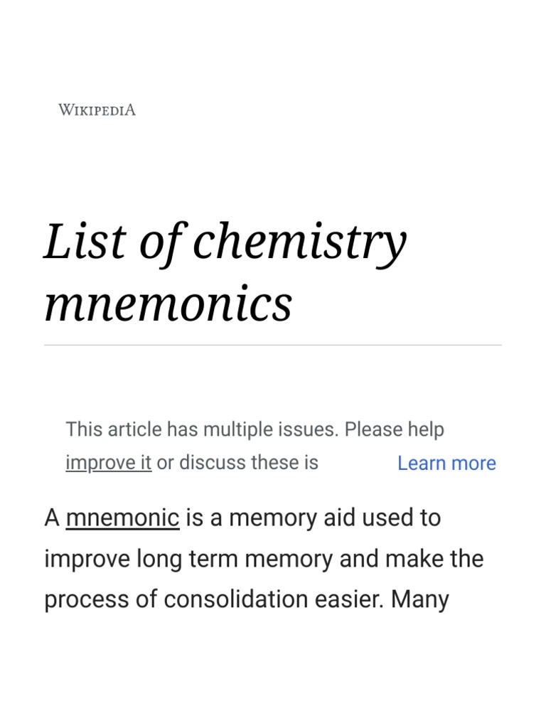 Mnemonic Device In Chemistry
