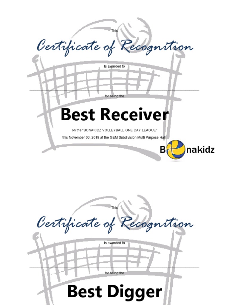 Volleyball One Day League Certificate Sample | PDF | Volleyball ...
