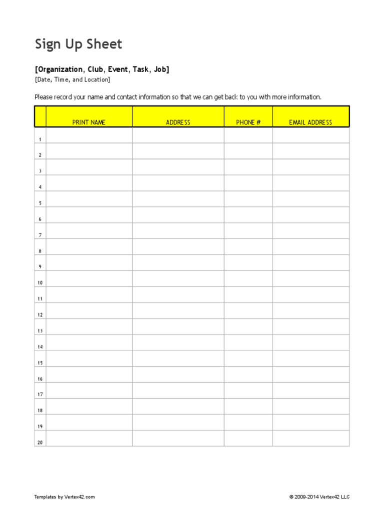 Sign Up Sheet: (Organization, Club, Event, Task, Job) | PDF