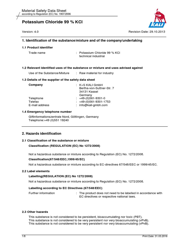Potassium Chloride 99 % KCL: Material Safety Data Sheet | PDF | Potassium Chloride | Toxicity