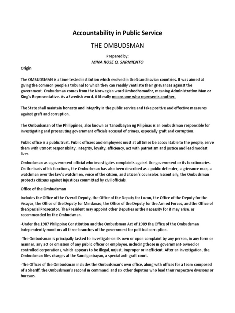 Defining the Role and Responsibilities of the Ombudsman in Ensuring ...