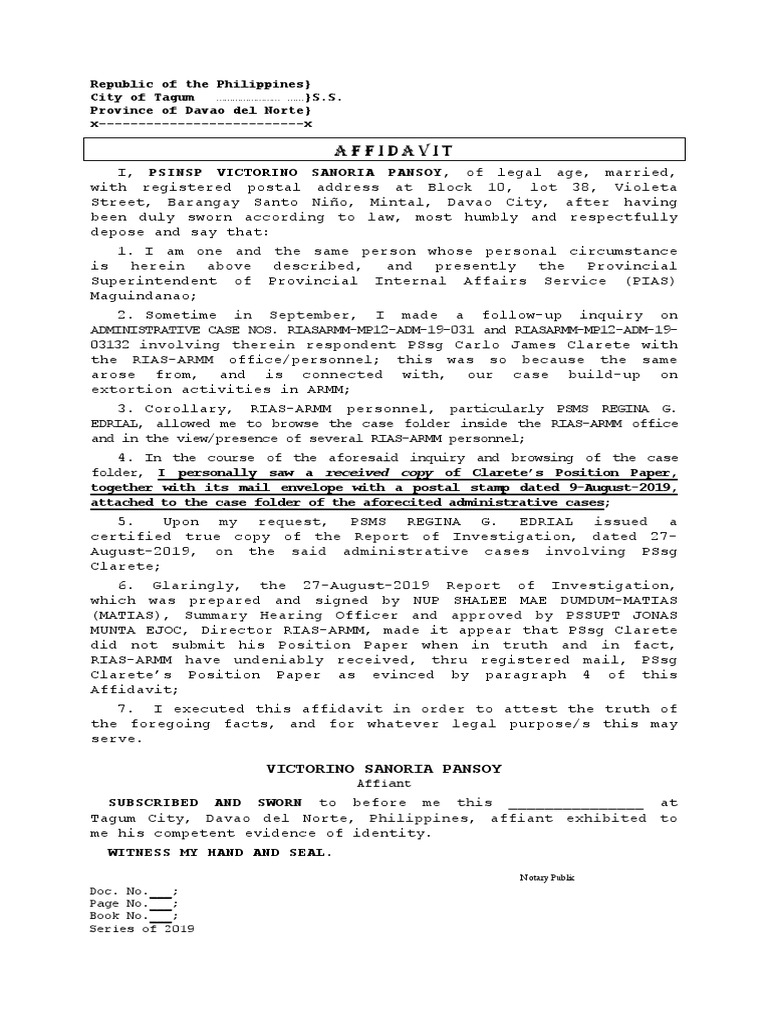 AFFIDAVIT - PANSOY in Support of Clarete Motion For Suspension | Download Free PDF | Affidavit ...