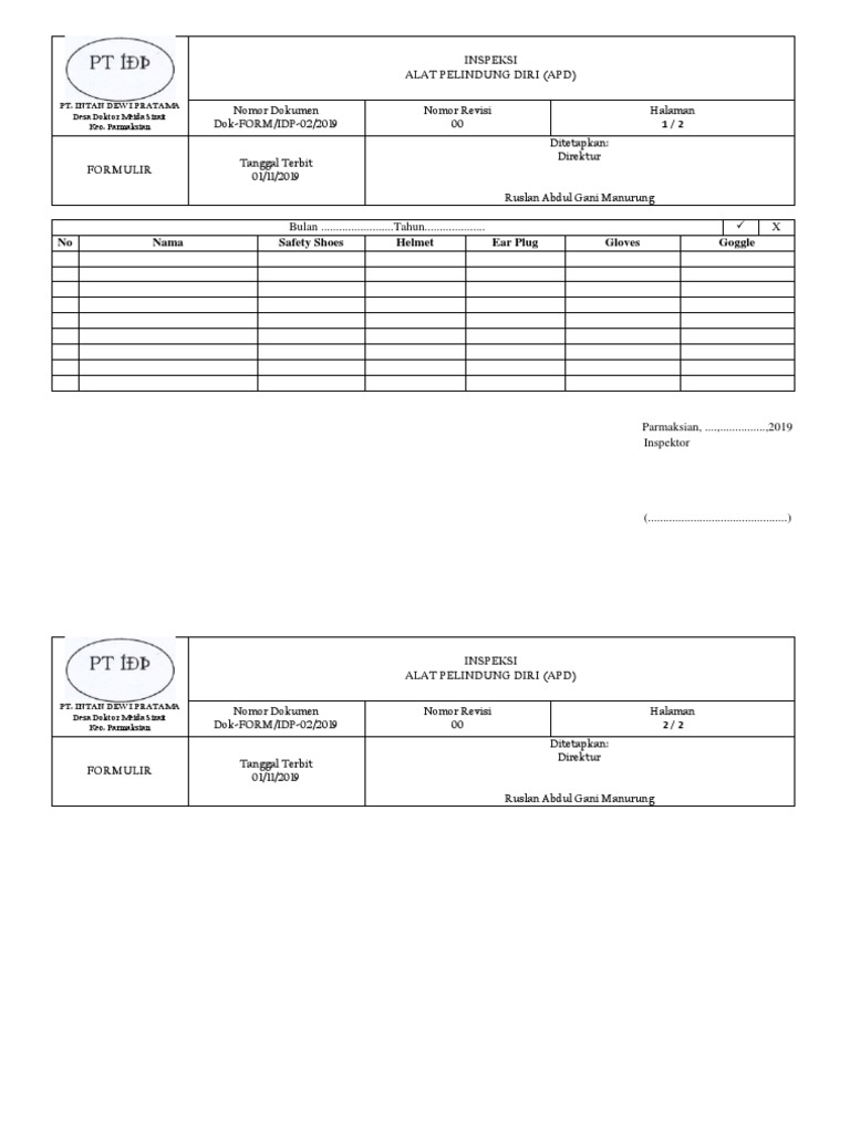 Dok Form Idp 02 2019 Formulir Pemeriksaan Apd | PDF