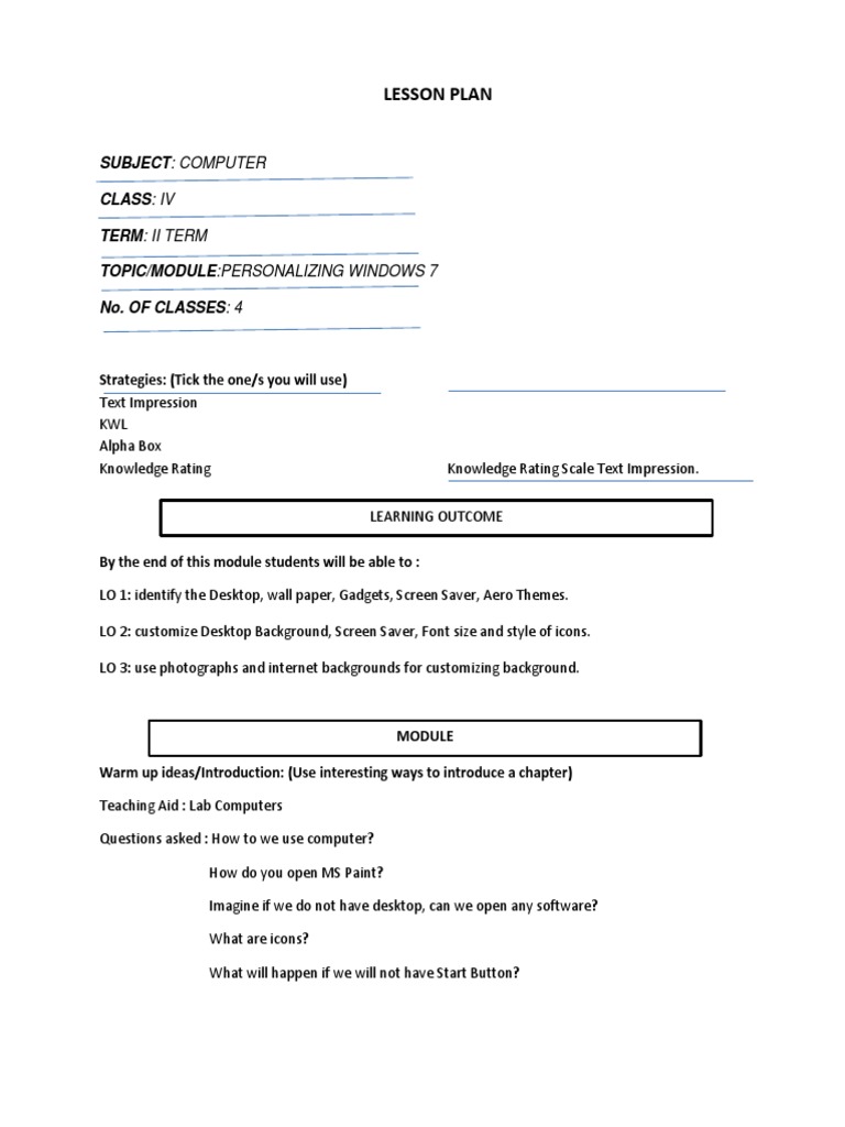 Lesson Plan: Subject: Computer Class: Iv Term: Ii Term Topic/Module ...