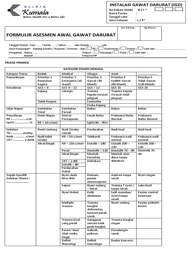 Formulir Asesmen Awal Gawat Darurat: Triase Primer | PDF
