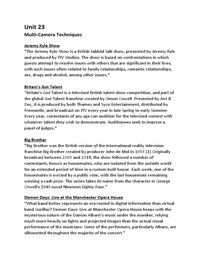 Unit 23: Multi-Camera Techniques | PDF | Entertainment | Leisure