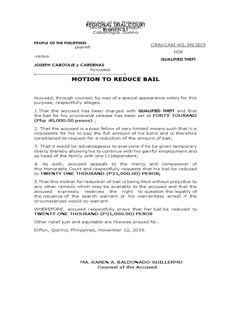 Motion To Reduce Bail | PDF | Bail | Search Warrant