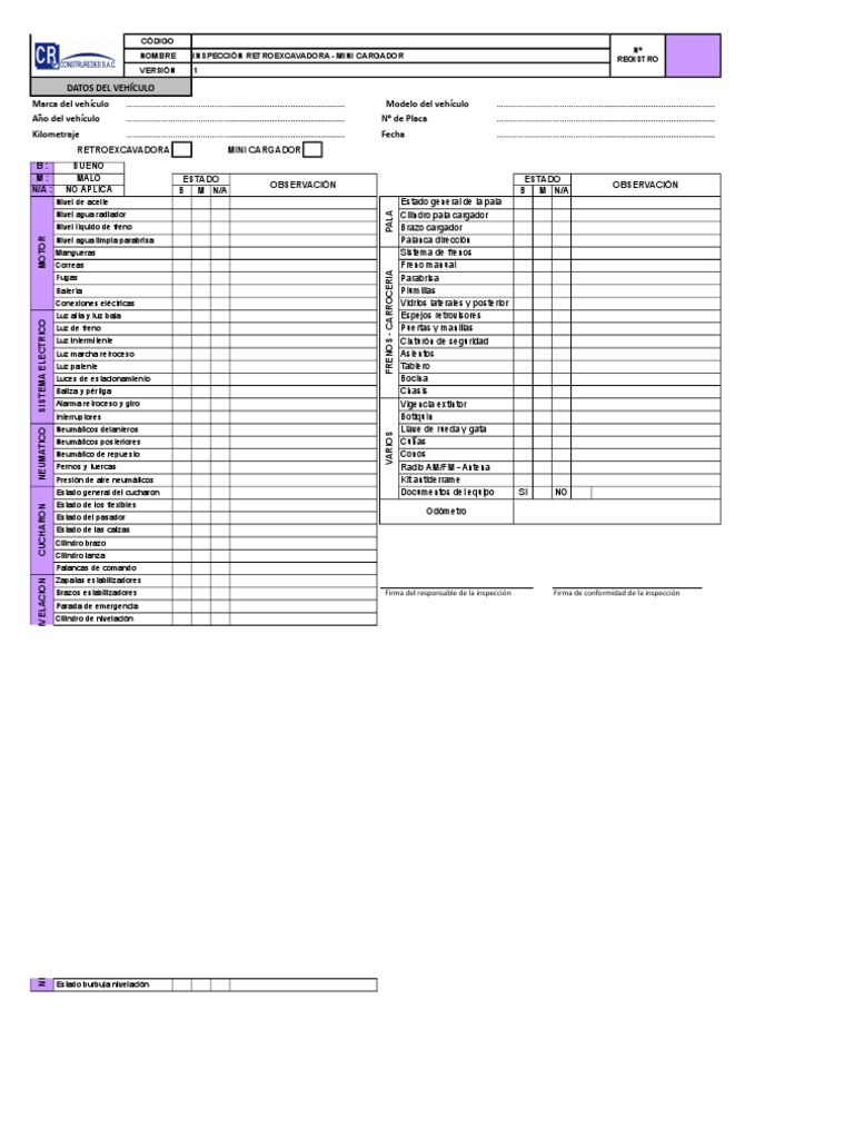 Check List Ingreso - MiniCargador y Retroexcavadora | PDF | Neumático ...