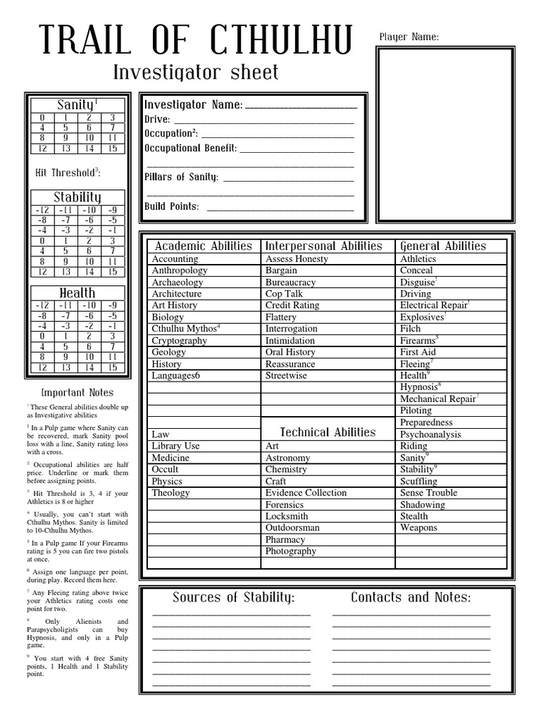 Trail of Cthulhu - Character Sheet Simple PDF | PDF