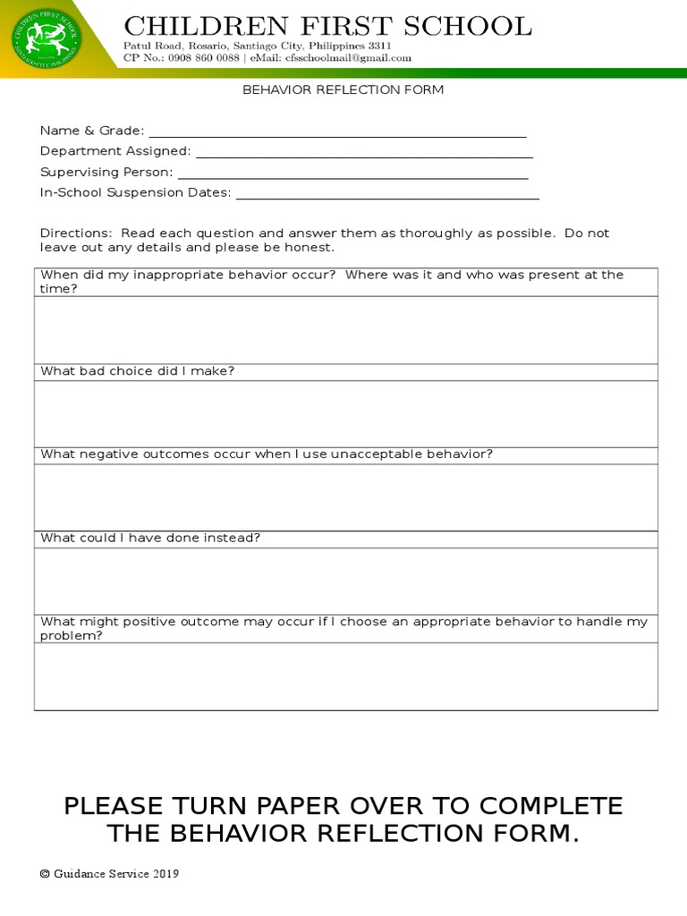 Please Turn Paper Over To Complete The Behavior Reflection Form | PDF ...