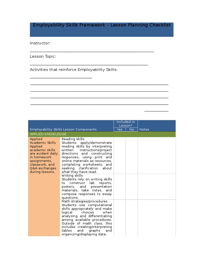 Employability Skills Lesson Planning Checklist | PDF | Homework ... Employability Skills Lesson Planning Checklist | PDF | Homework ...