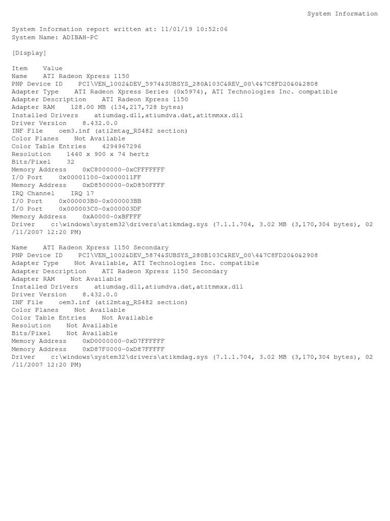 System Information Report Detailing Graphics Card Specifications and ...