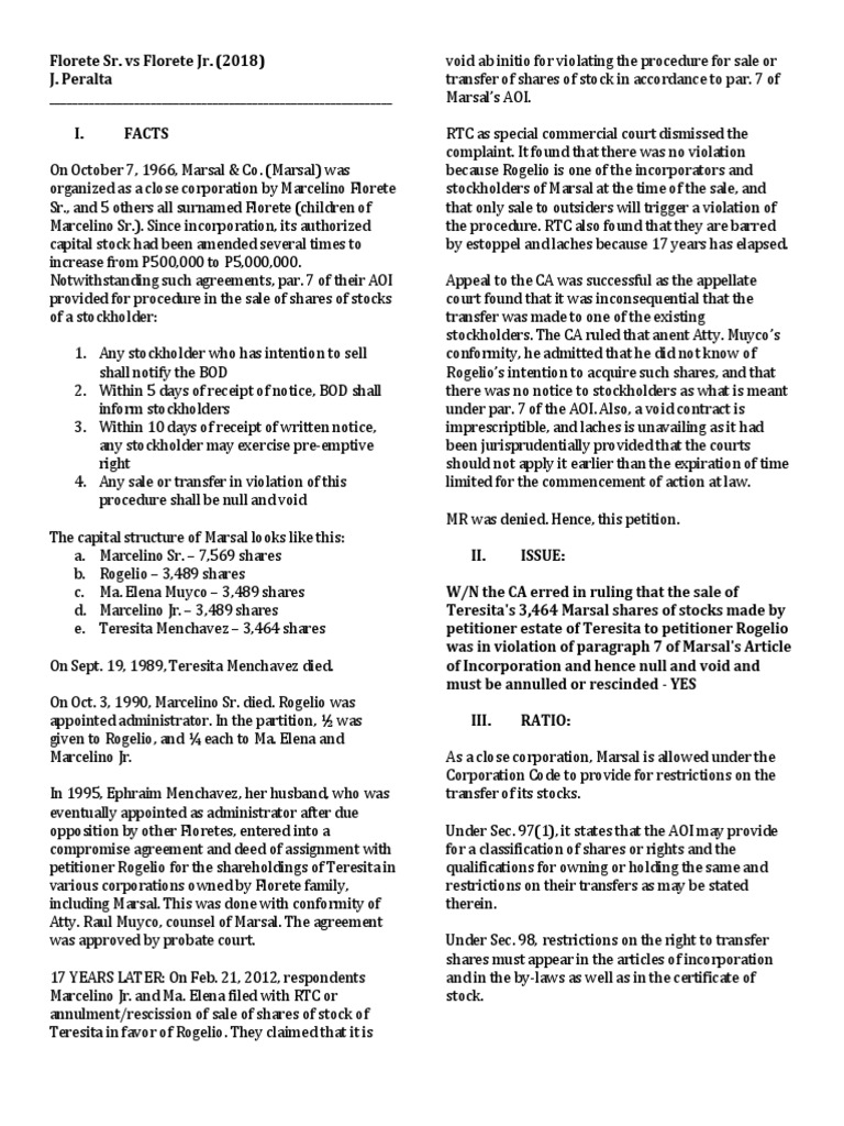Florete Sr. Vs Florete Jr. (2018) (Masiglat) | PDF | Corporations ...