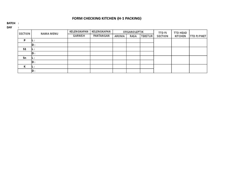Kitchen Form Checking Template | PDF