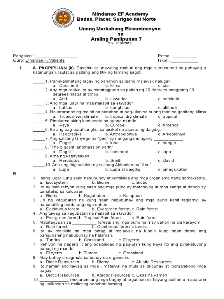 1st Grading AP 7 | PDF