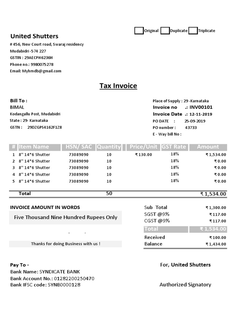 Tax Invoice: United Shutters | PDF | Invoice | Taxation
