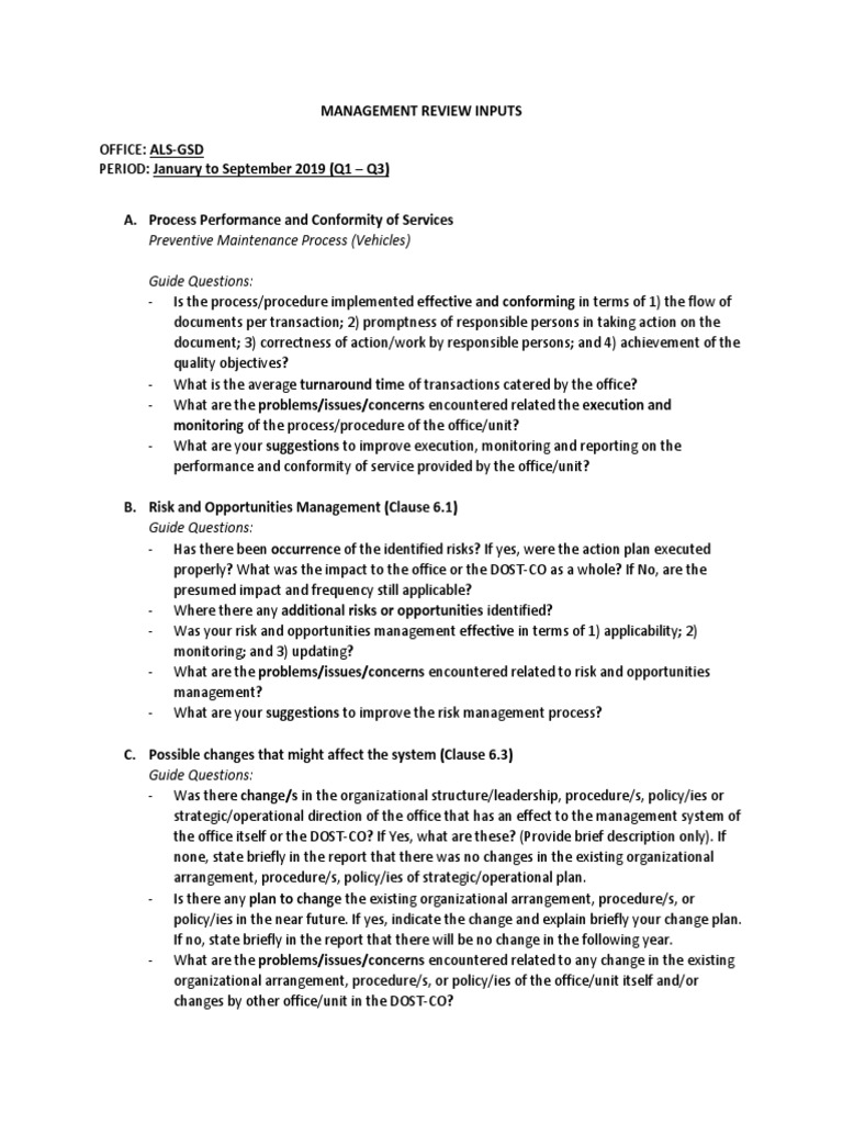 Management Review Inputs: Preventive Maintenance Process (Vehicles ...