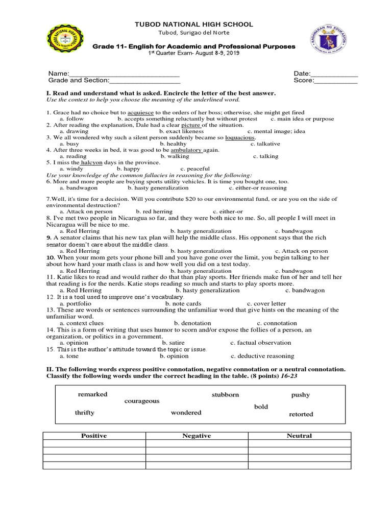 Grade 11 English Exam Covering Key Concepts such as Context Clues ...