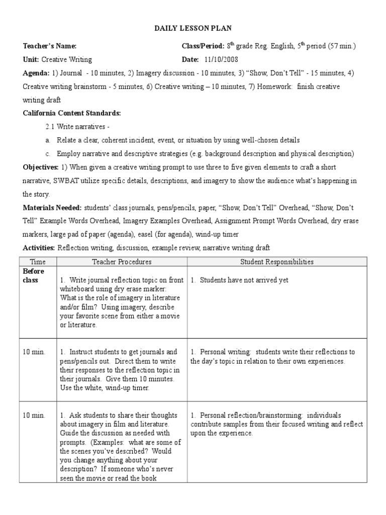 Lesson Plan Creative Writing | PDF | Lesson Plan | Homework