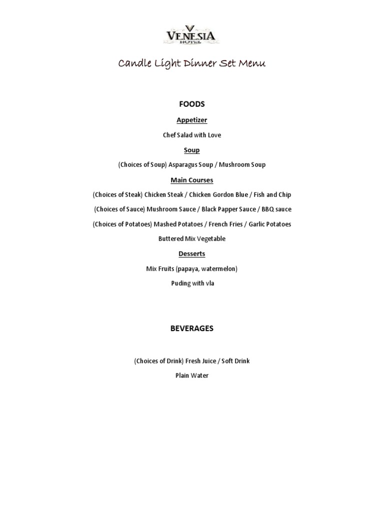 Menu Candle Light Dinner | PDF