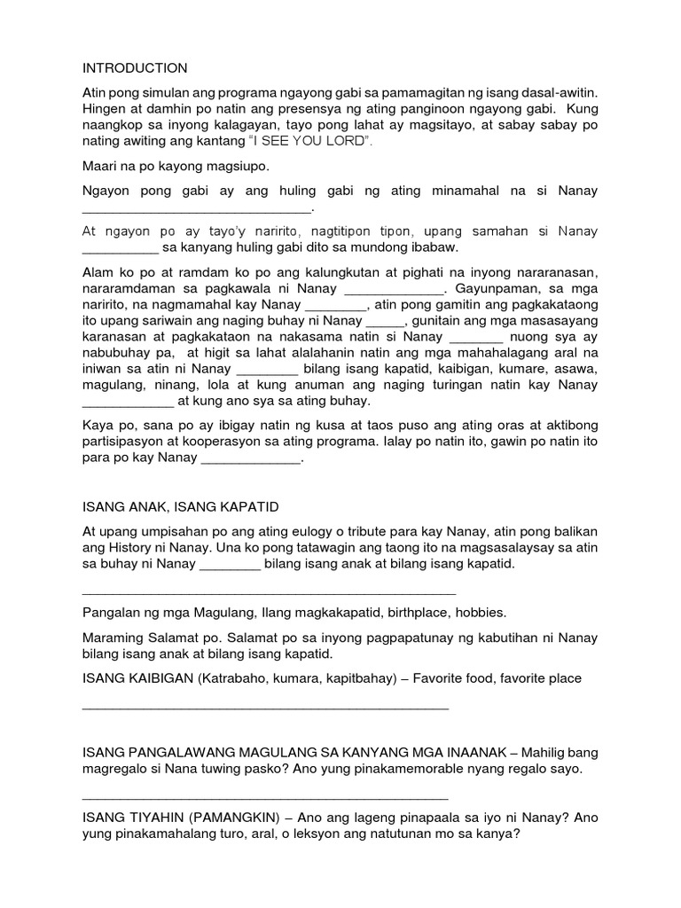 Nanay Funeral Program Script | PDF