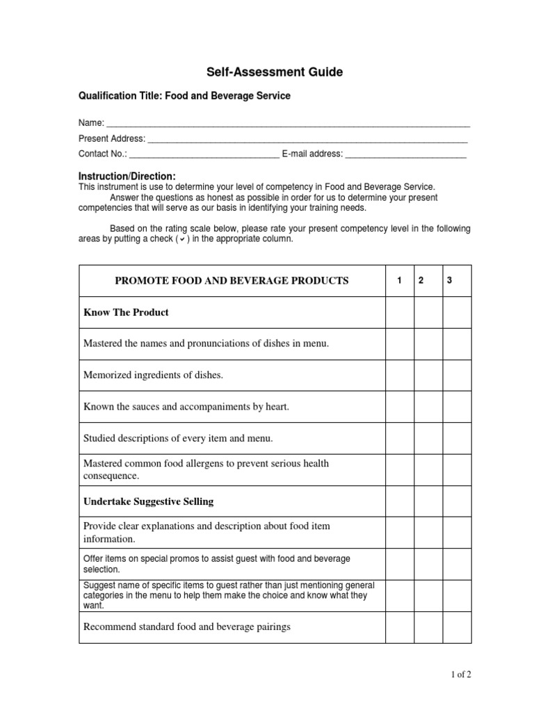 Self-Assessment Guide: Qualification Title: Food and Beverage Service ... Self-Assessment Guide: Qualification Title: Food and Beverage Service ...