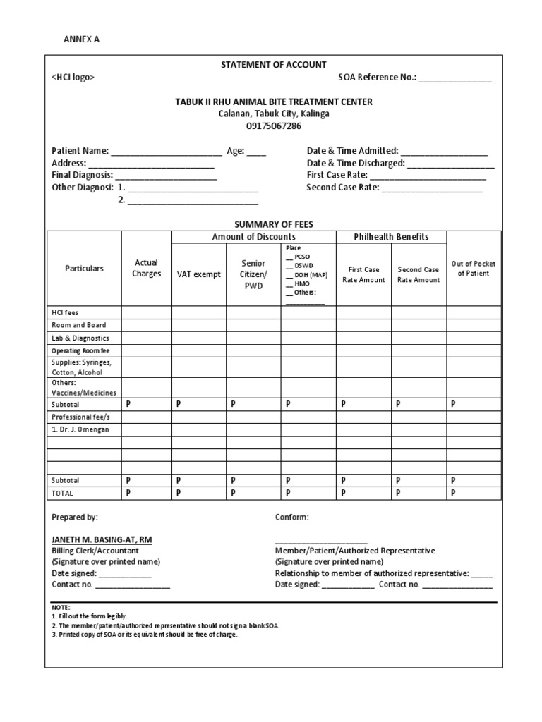Statement of Acoount For Animal Bite Treatment Center | PDF | Medical ...