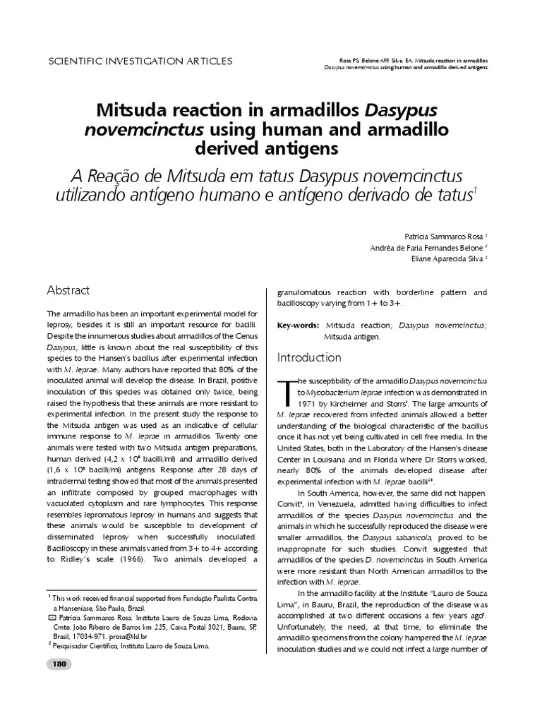 Mitsuda Reaction in Armadillos Dasypus Derived Antigens: Novemcinctus ...