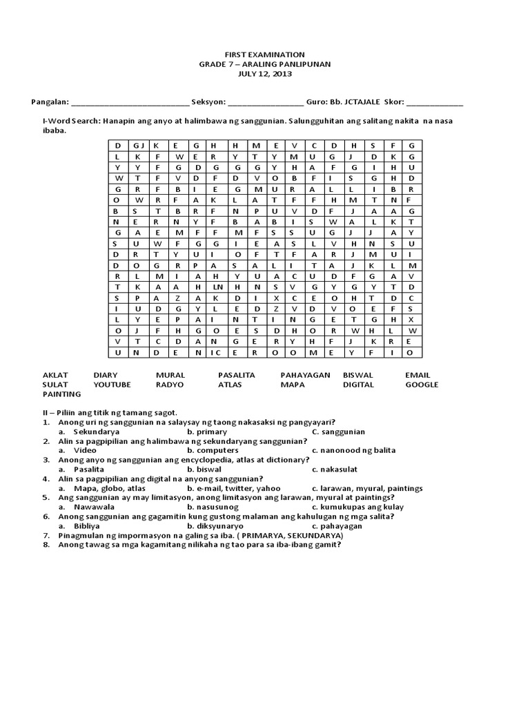 First Midterm Examination-AP Grade 7 | PDF