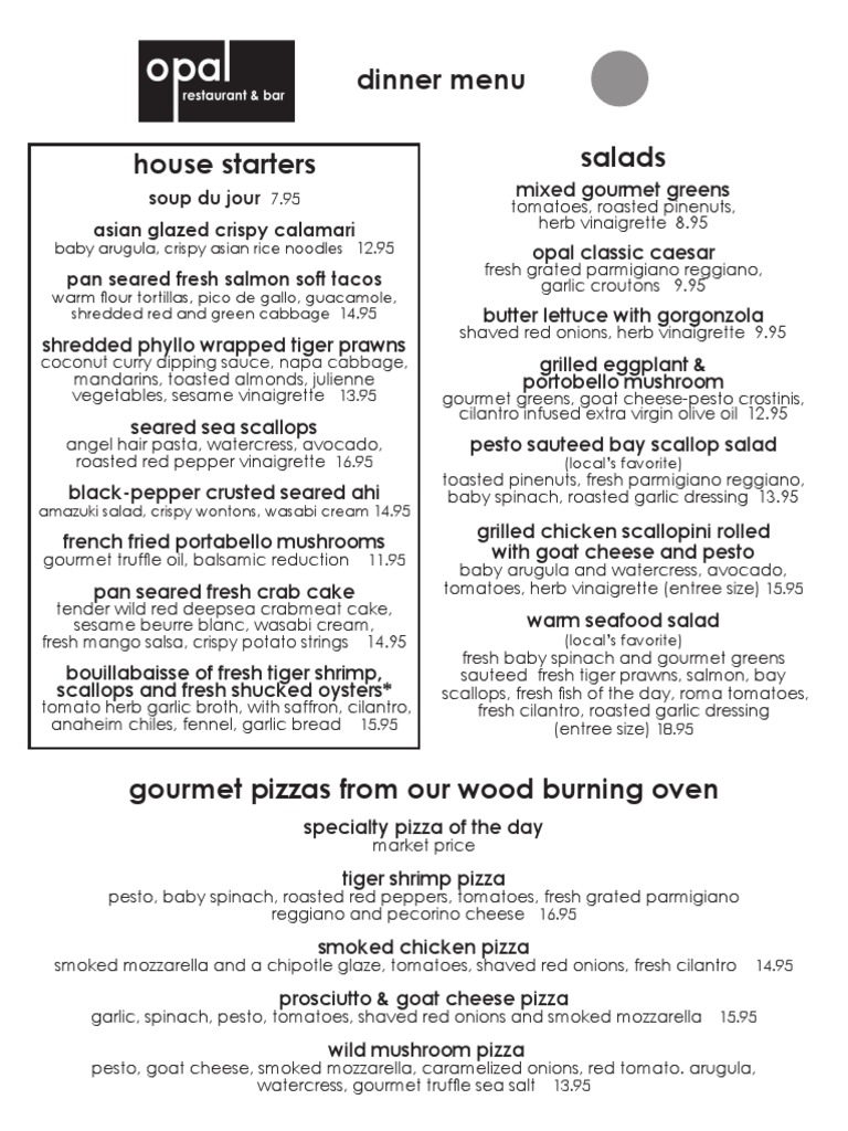 Opal Menu Dinner | PDF | Salad | Pizza