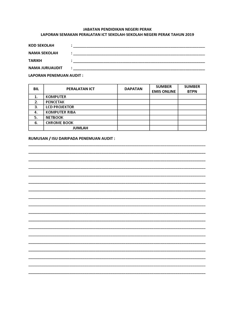 Borang Laporan Audit Aset Ict Daerah Bagan Datuk | PDF