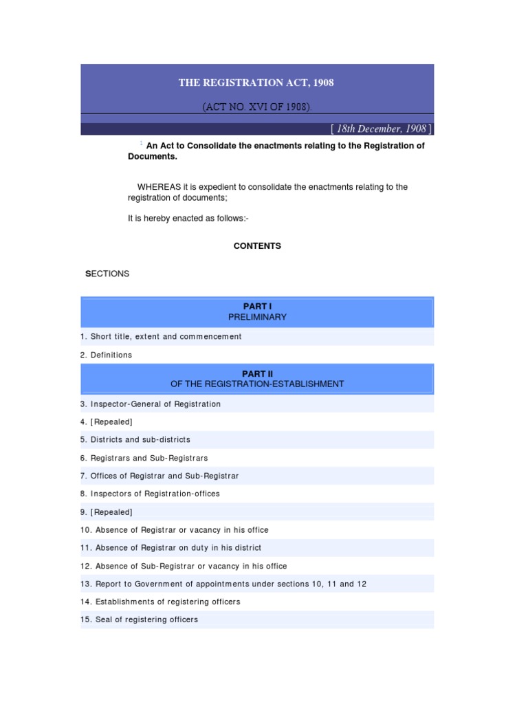 The Registration Act, 1908: (ACT NO. XVI OF 1908) | PDF | Summons | Loans