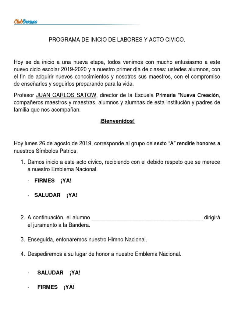 Honores Inicio de Ciclo Escolar 2674734 | PDF