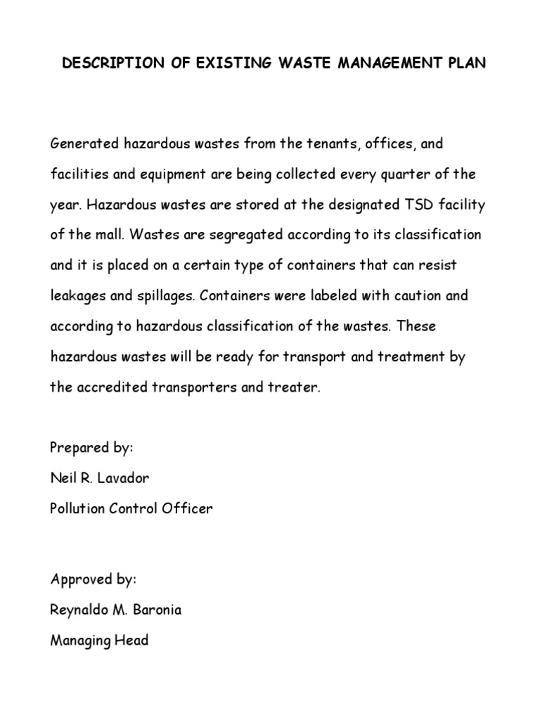 Description of Existing Waste Management Plan | PDF