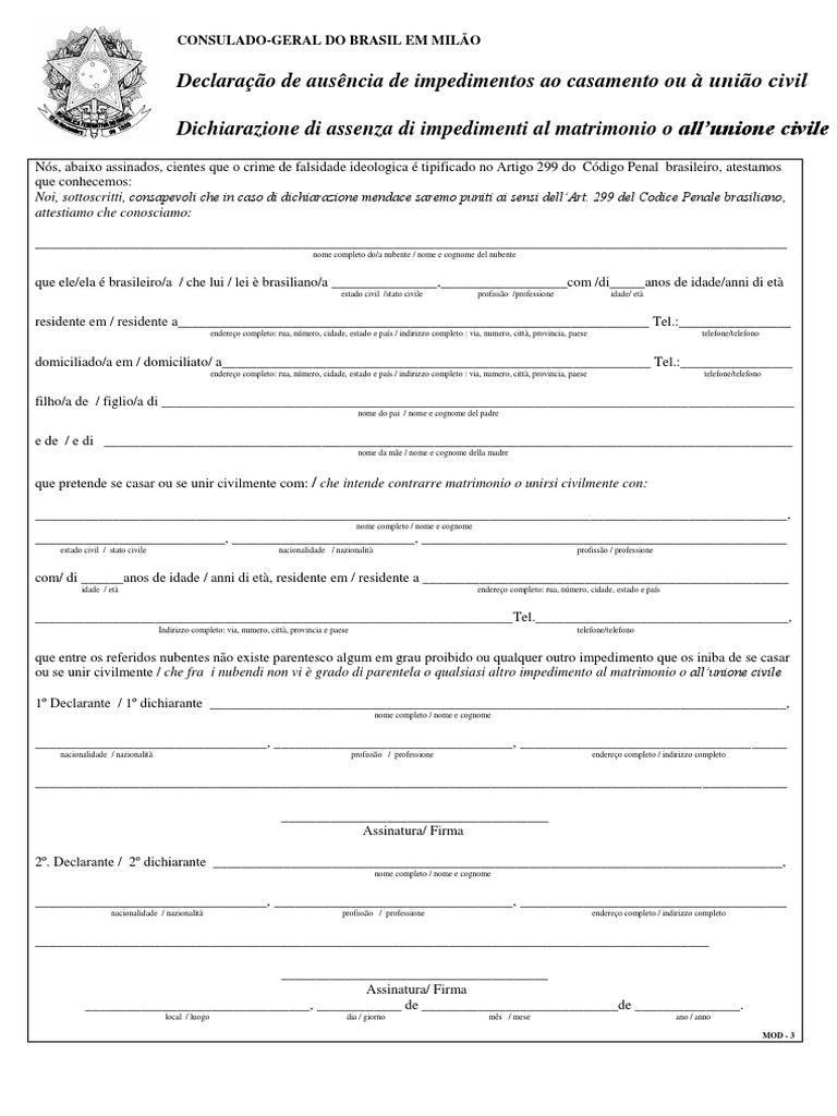 Formulario Nulla Osta Matrimonio e Unione Civile | PDF | Casamento ...