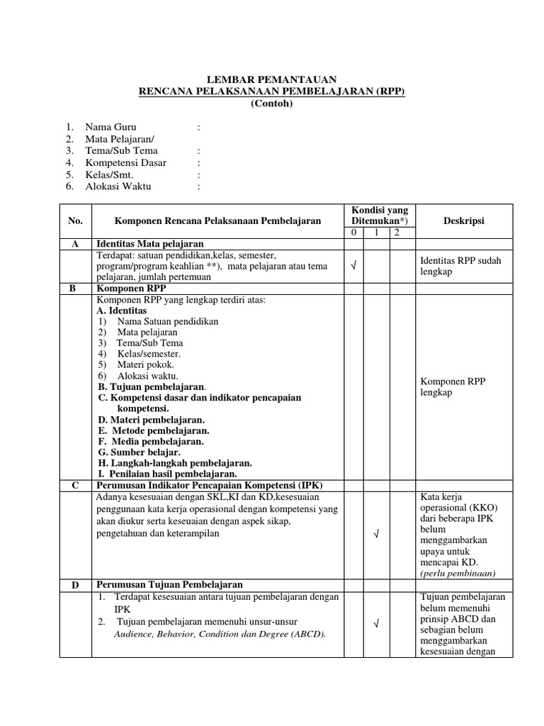 Contoh Instrumen Pemantauan RPP | PDF | Karier & Perkembangan