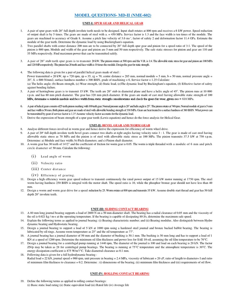 MD2 Model Questions | PDF | Gear | Bearing (Mechanical)