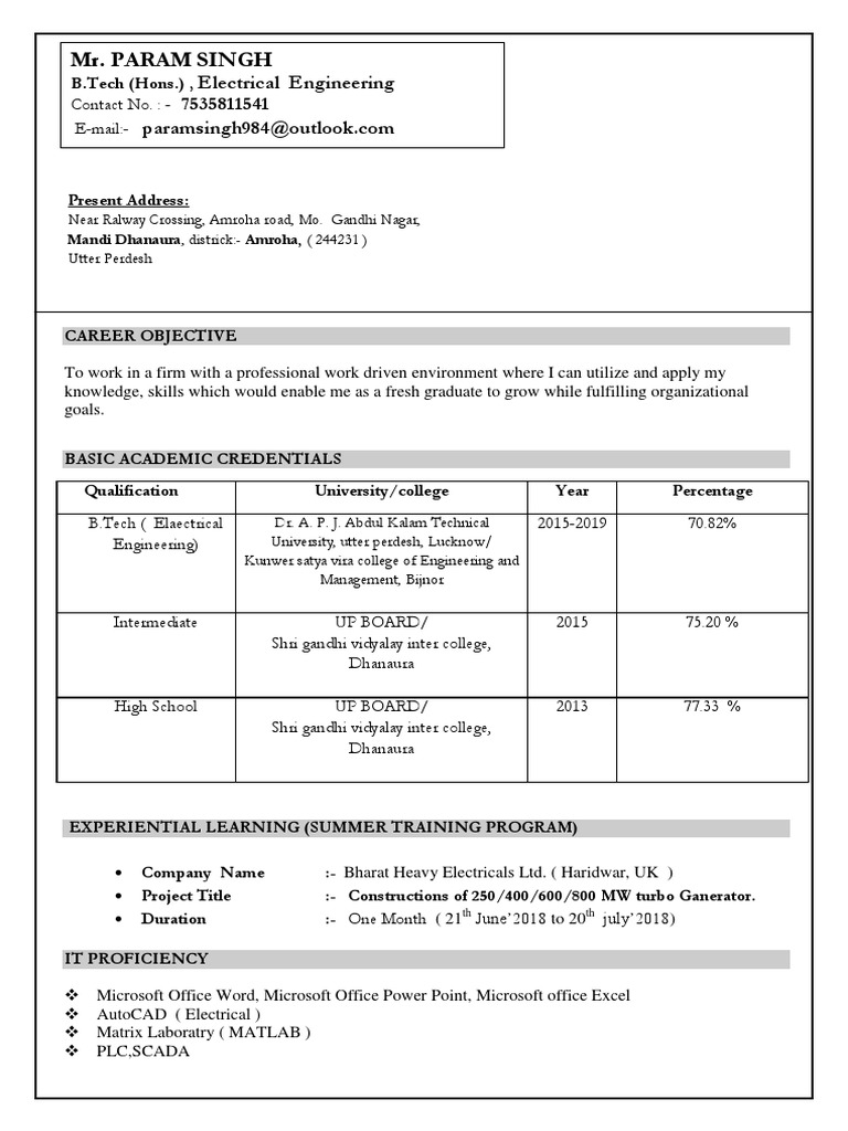 Electrical Engineer Resume- Param Singh | PDF