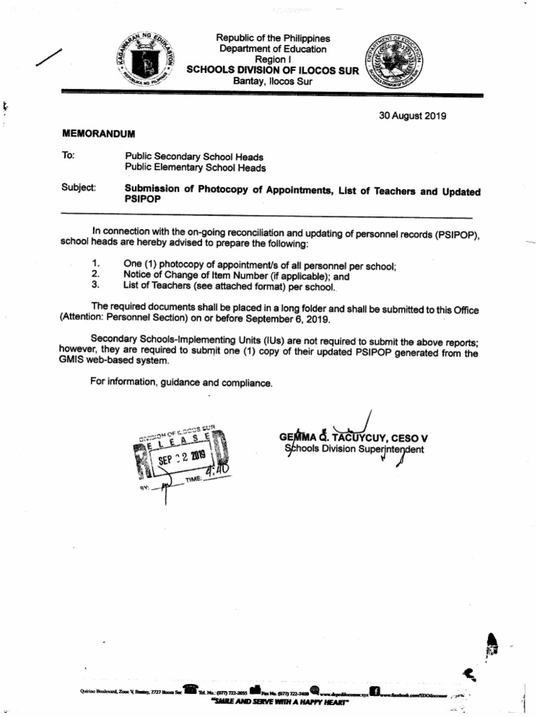 Submission of Photocopy of Appointments List of Teachers and Updated ...